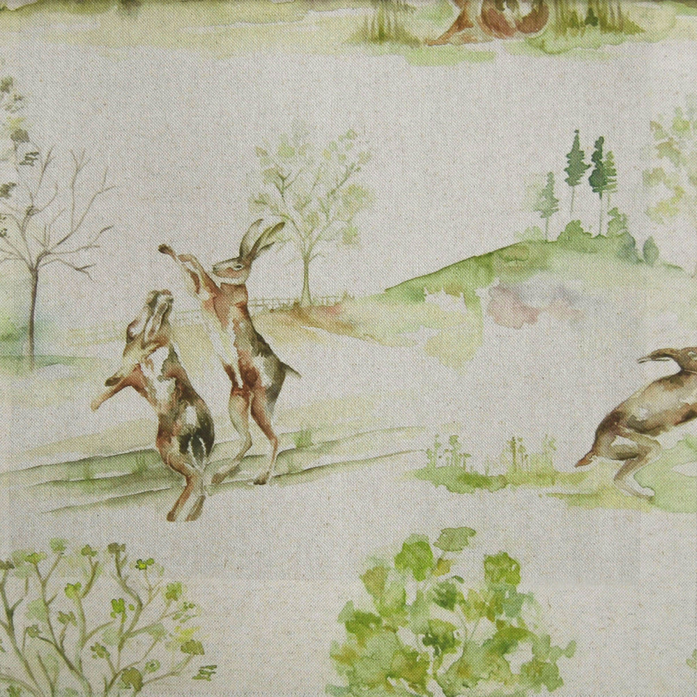 Boxing Hares Natural Printed Linen Fabric (By The Metre) | Green Fabric ...
