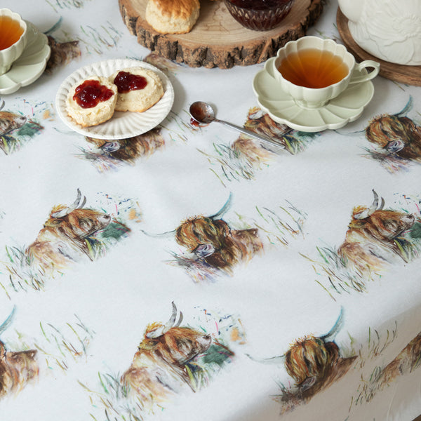 Highland Coo Natural Printed Resin Oil Cloth Fabric | Cream Fabric ...