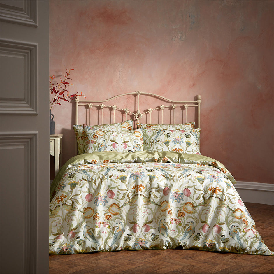 Songbird Cream Traditional Floral Printed Piped Duvet Cover Set | Stone ...