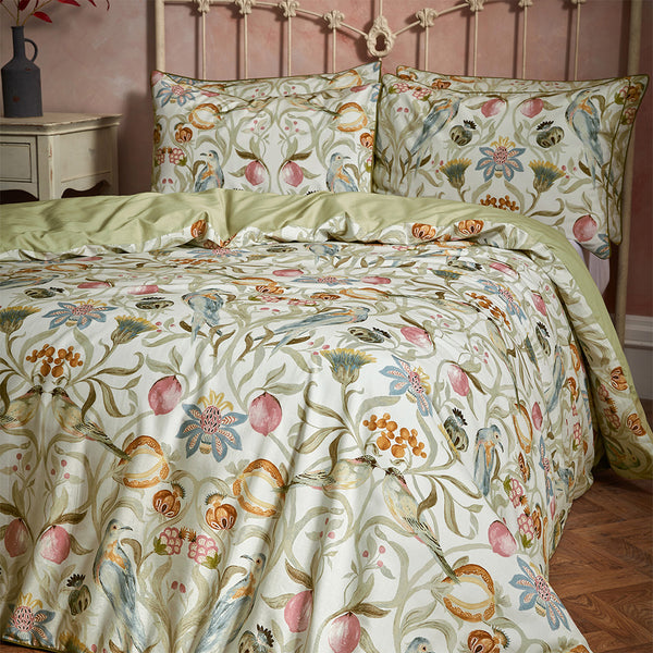 Songbird Cream Traditional Floral Printed Piped Duvet Cover Set | Stone ...