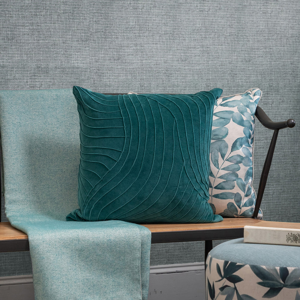 Waterfall Teal Embroidered Feather Filled Cushion | Blue Cushions ...